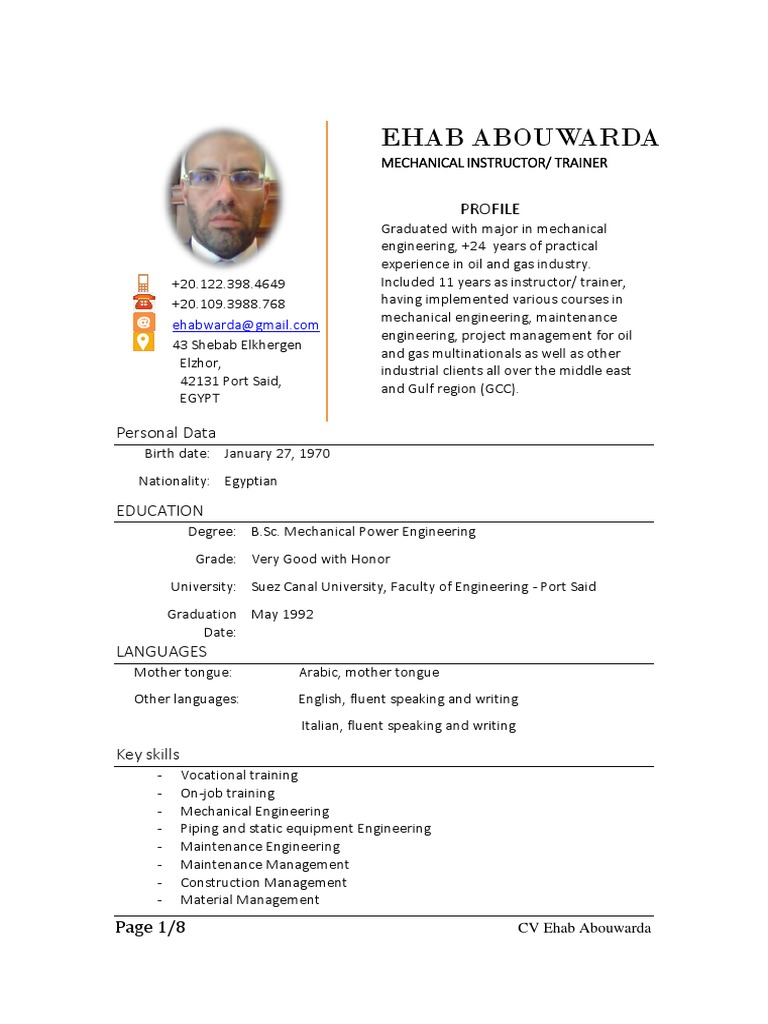 CV Ehab Abowarda Mechanical Instructor | PDF | Natural Gas | Pipeline Transport