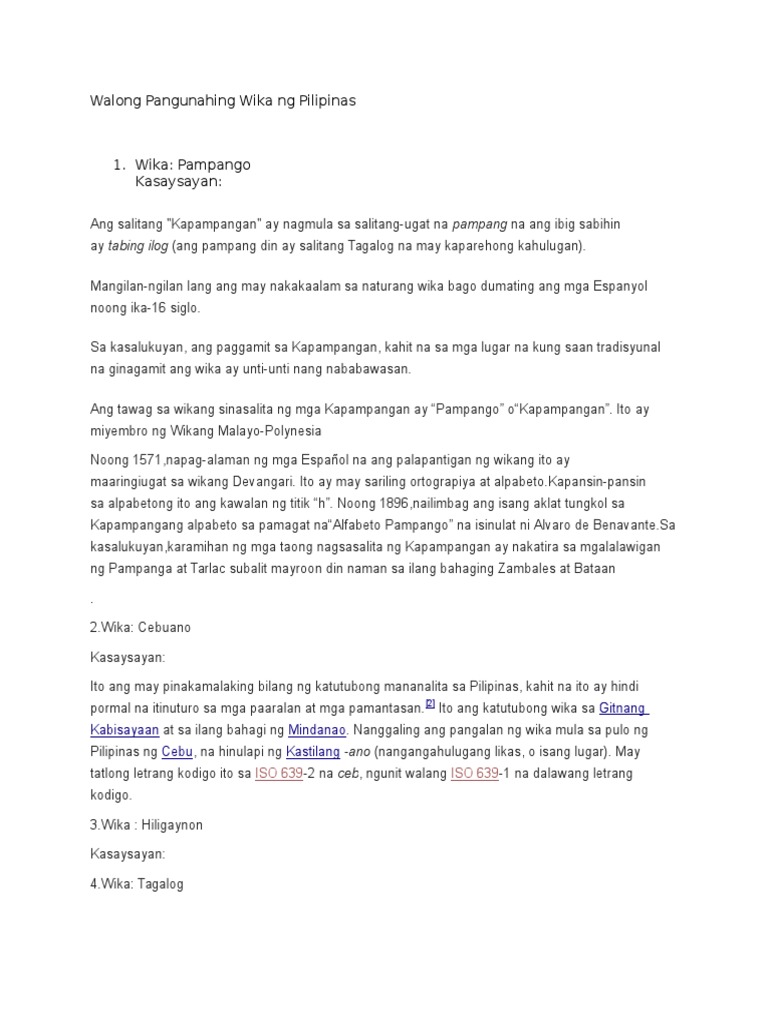 Walong Pangunahing Wika NG Pilipinas | PDF Walong Pangunahing Wika NG Pilipinas | PDF
