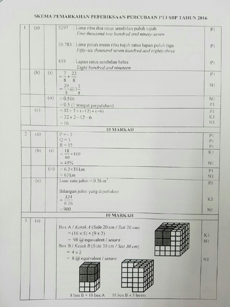 Skema PT3 Math SBP Trial 2016 | PDF