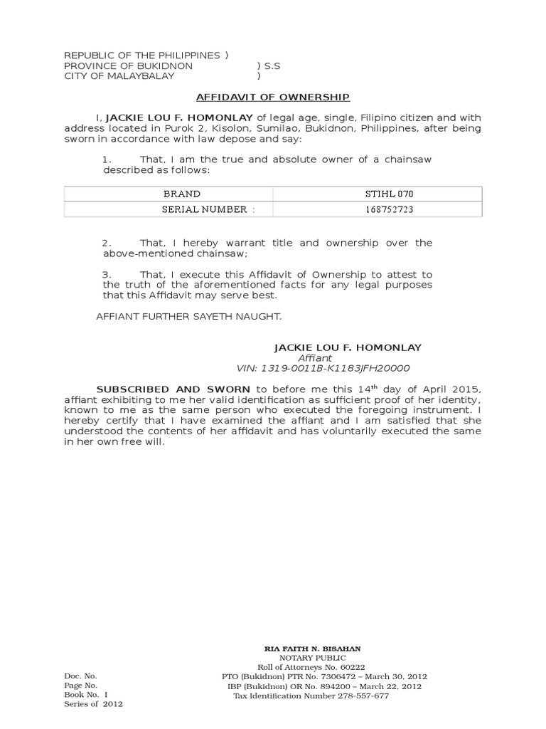 Chainsaw Ownership Affidavit | PDF
