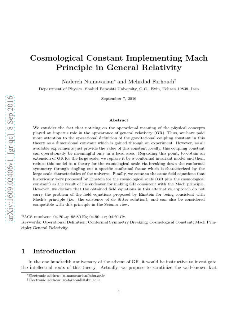 Cosmological Constant Implementing Mach Principle in General Relativity ...