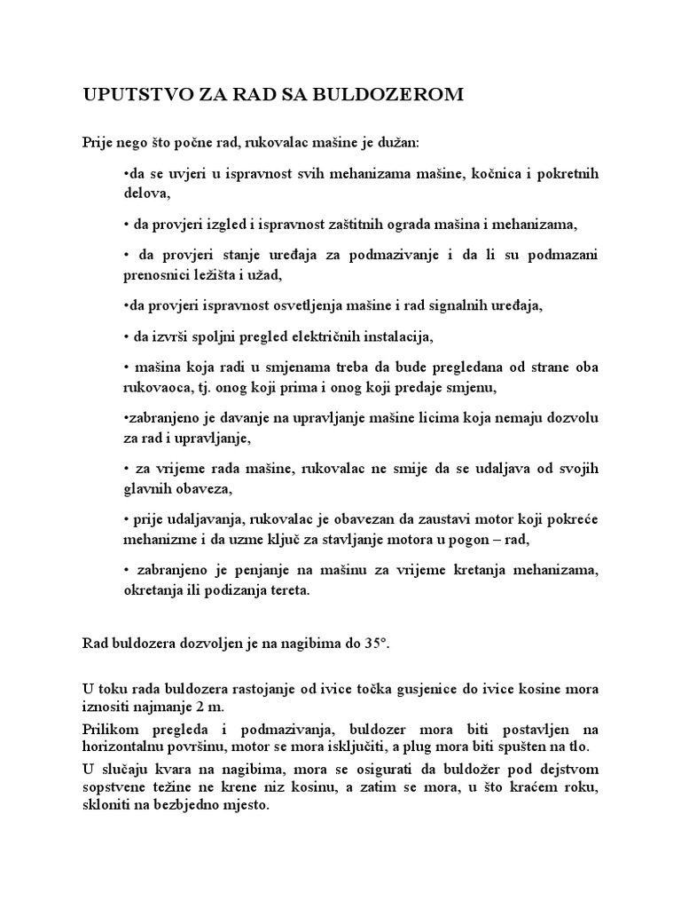 Uputstvo Za Rad Sa Buldozerom | PDF