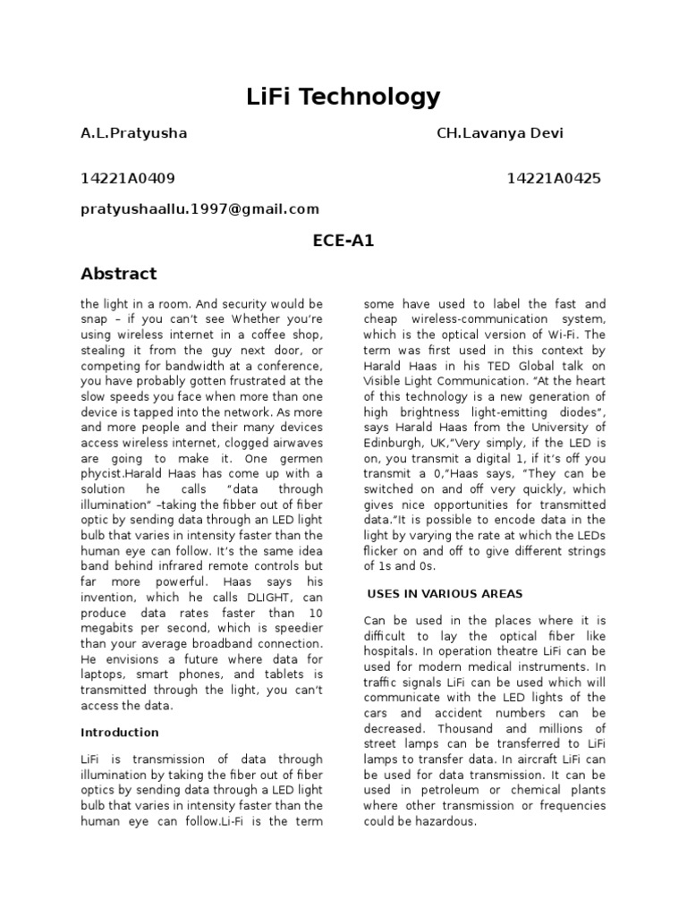 Lifi Technology Abstract SRKR | PDF | Light Emitting Diode | Media Technology