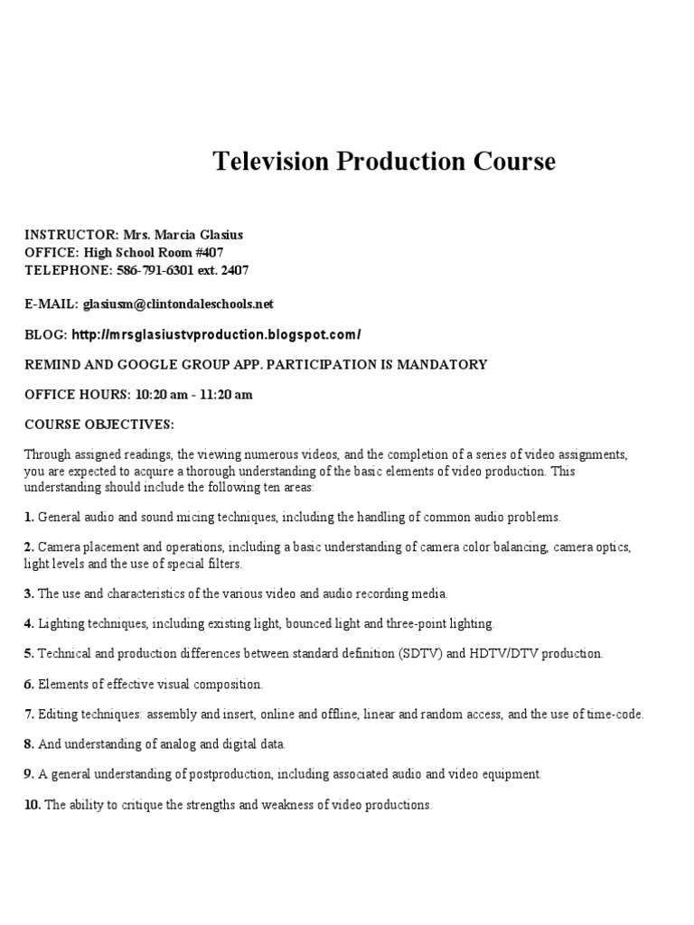 TV PRODUCTION Syllabus 2016-2017 | PDF | Hyperlink | Television