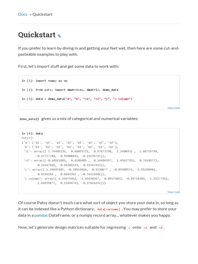 PATSY 0.4 Quickstart | PDF | Categorical Variable | Matrix (Mathematics)