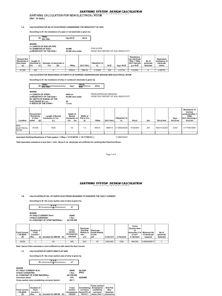 Earthing Calculation For New Electrical Room | PDF