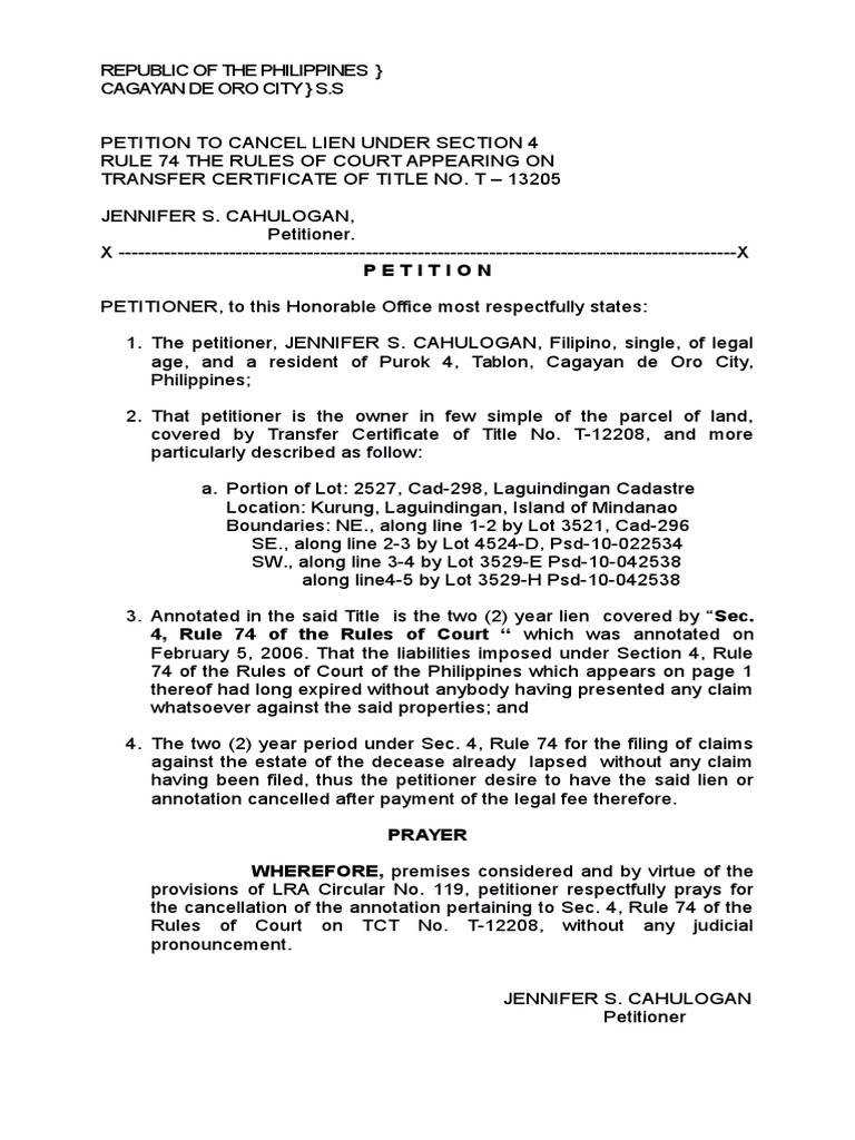 Petition To Cancel Lien - LEGAL FORMS | PDF