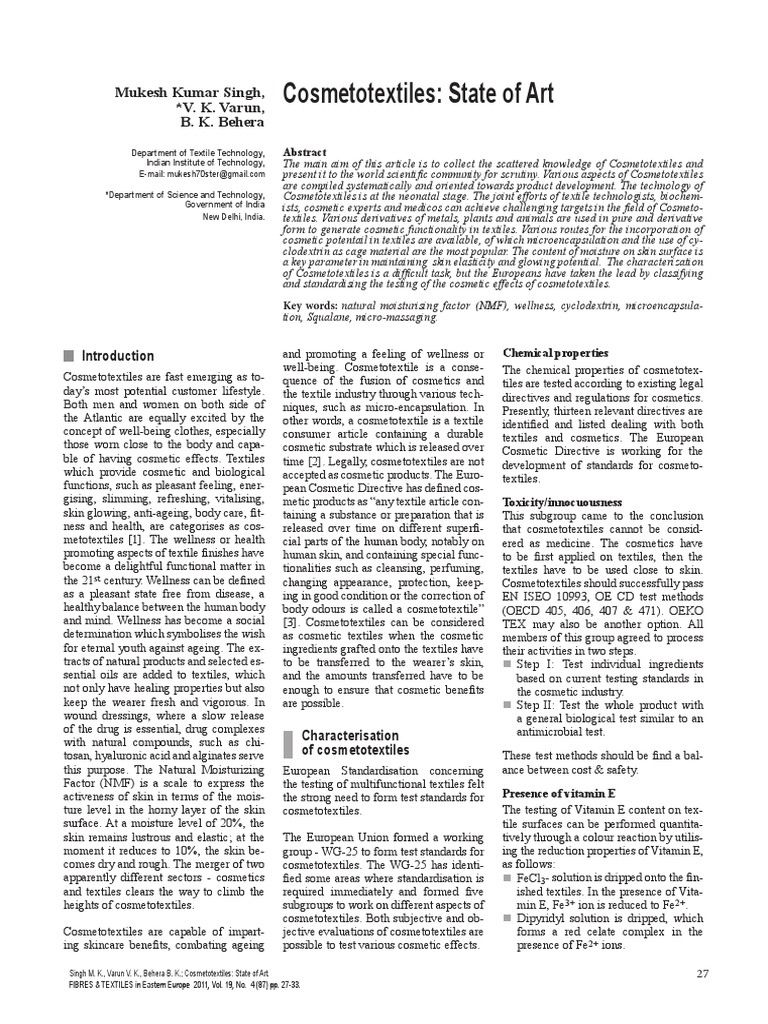 Cosmetotextiles - State of Art2011 PDF | PDF | Textiles | Cosmetics