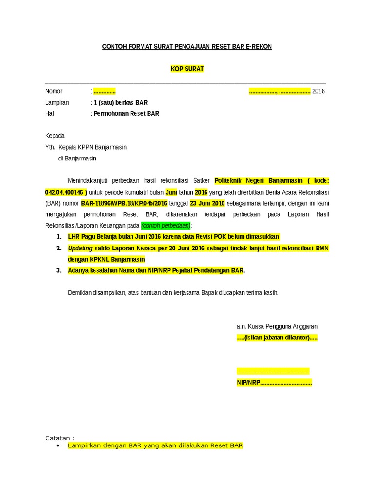 Lampiran 1 - CONTOH Format Surat Permohonan Reset BAR | PDF