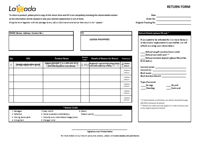 Lazada Return Form | PDF | Credit Card | Cheque