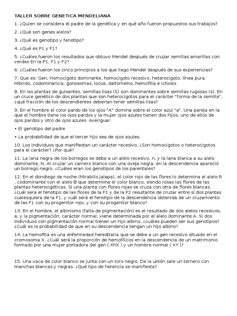 Taller Sobre Genetica Mendeliana | PDF | Dominancia (Genética) | Genética