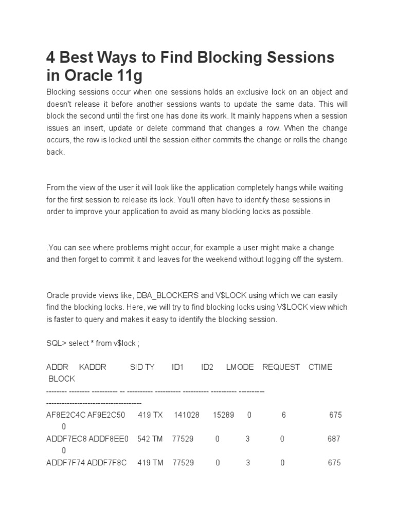 4 Best Ways To Find Blocking Sessions In Oracle 11g Pdf Oracle Database Computer Data 6237