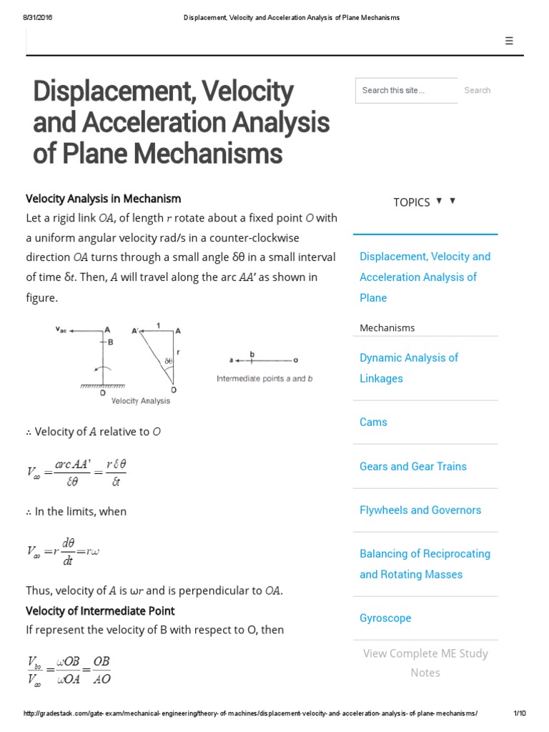 Displacement, Velocity and Acceleration Analysis of Plane Mechanisms ...
