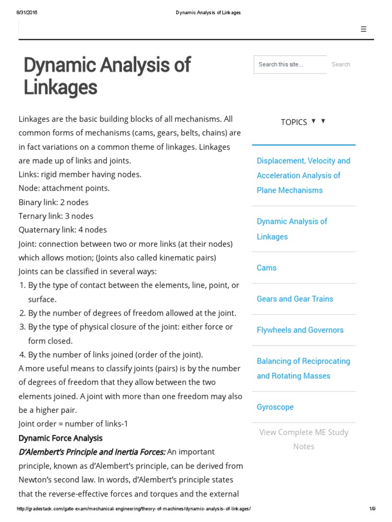 Dynamic Analysis of Linkages | PDF | Torque | Force