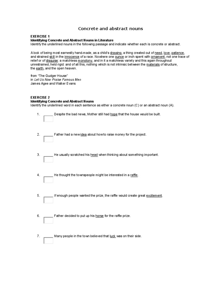 Concrete And Abstract Nouns Worksheet Pdf Concrete And Abstract Nouns