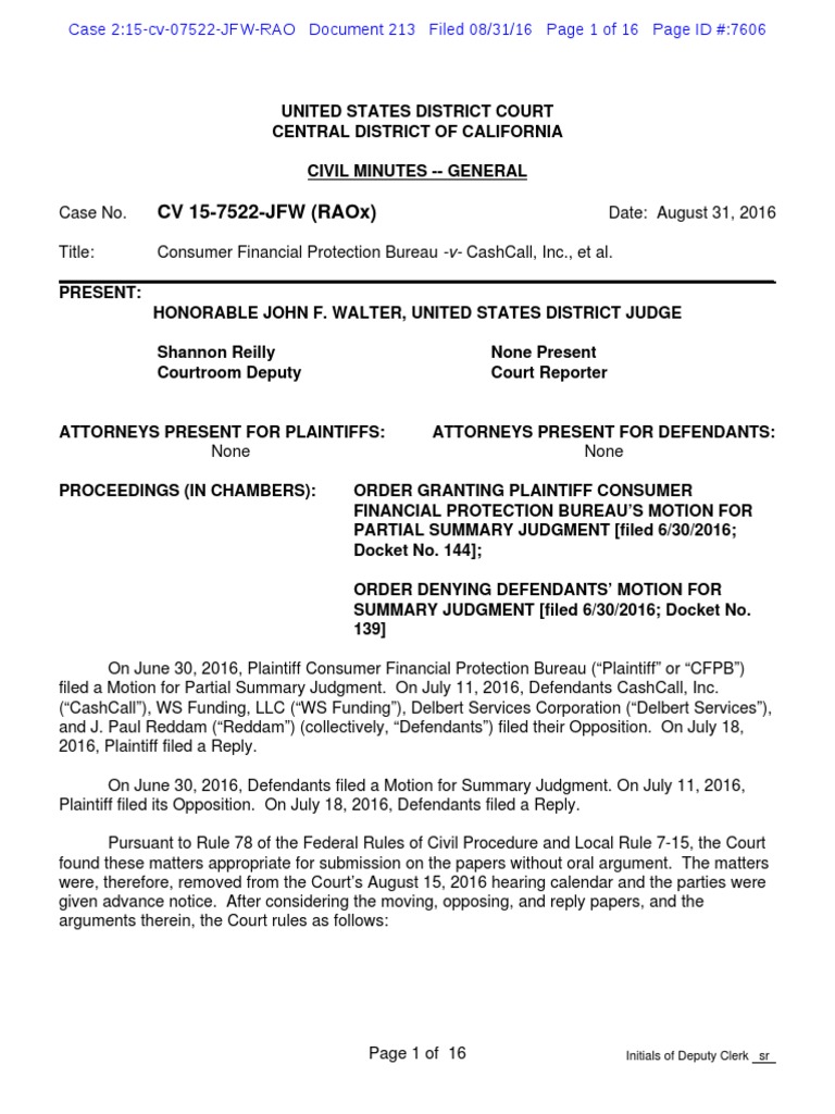 Cash Call | Loans | Summary Judgment