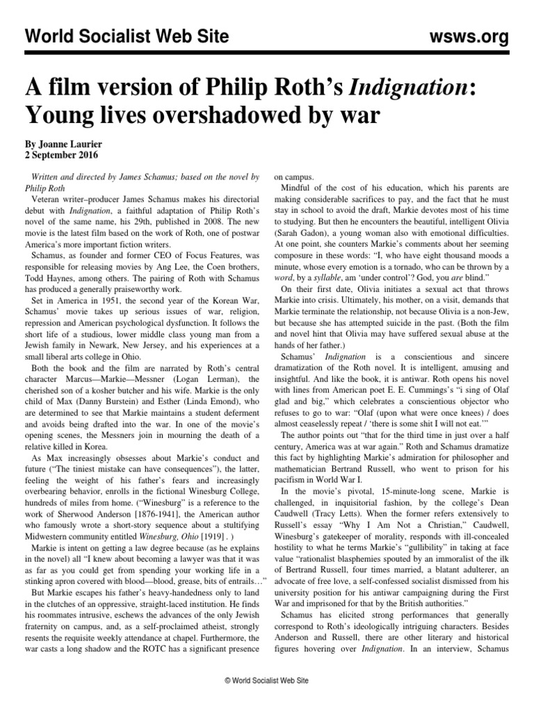 A Film Version of Philip Roth's Indignation: Young Lives Overshadowed ...