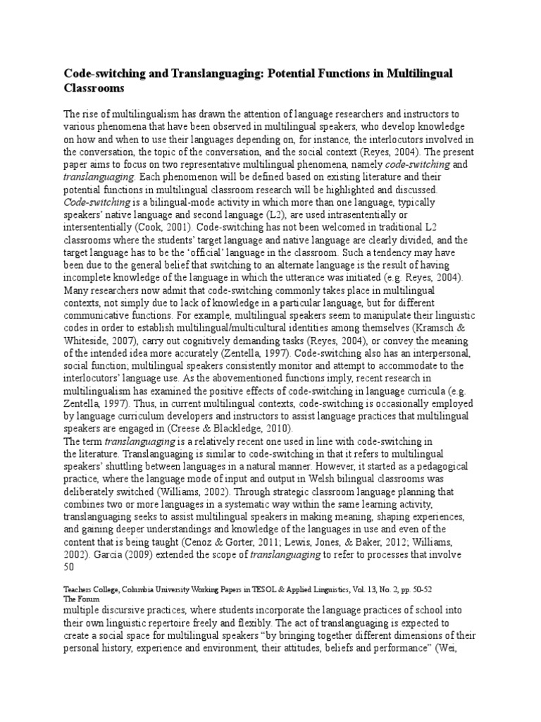 Code Switching And Translanguaging Potential Functions In Multilingual Classrooms Pdf