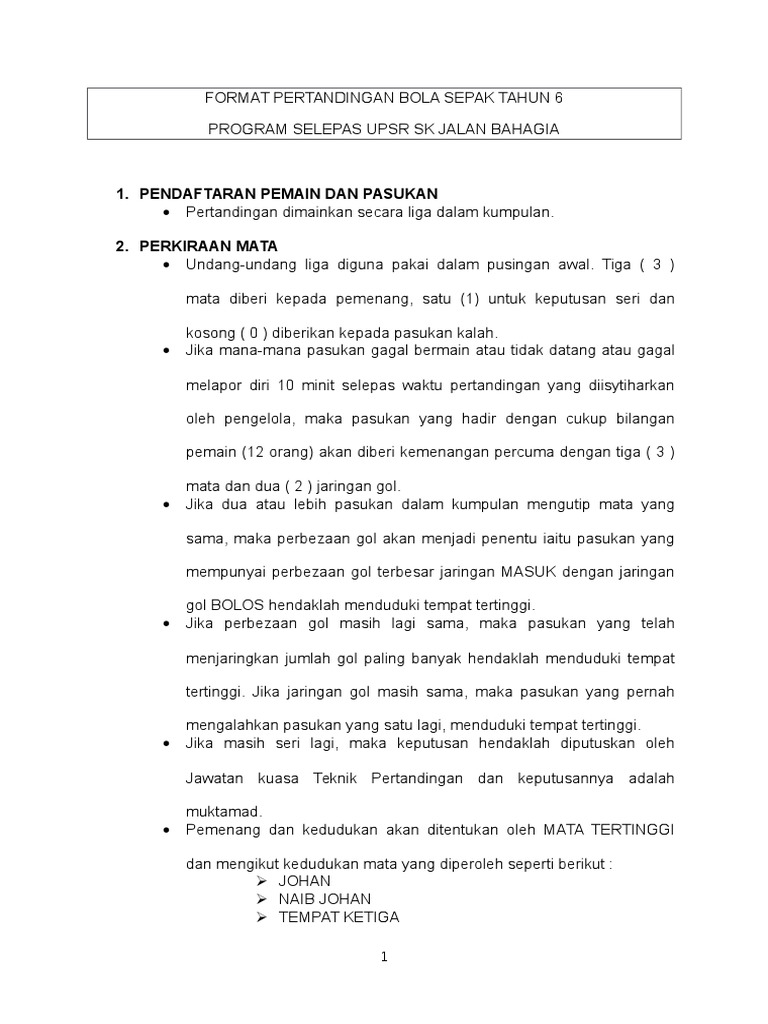 Format Pertandingan Bola Sepak Tahun 6 | PDF