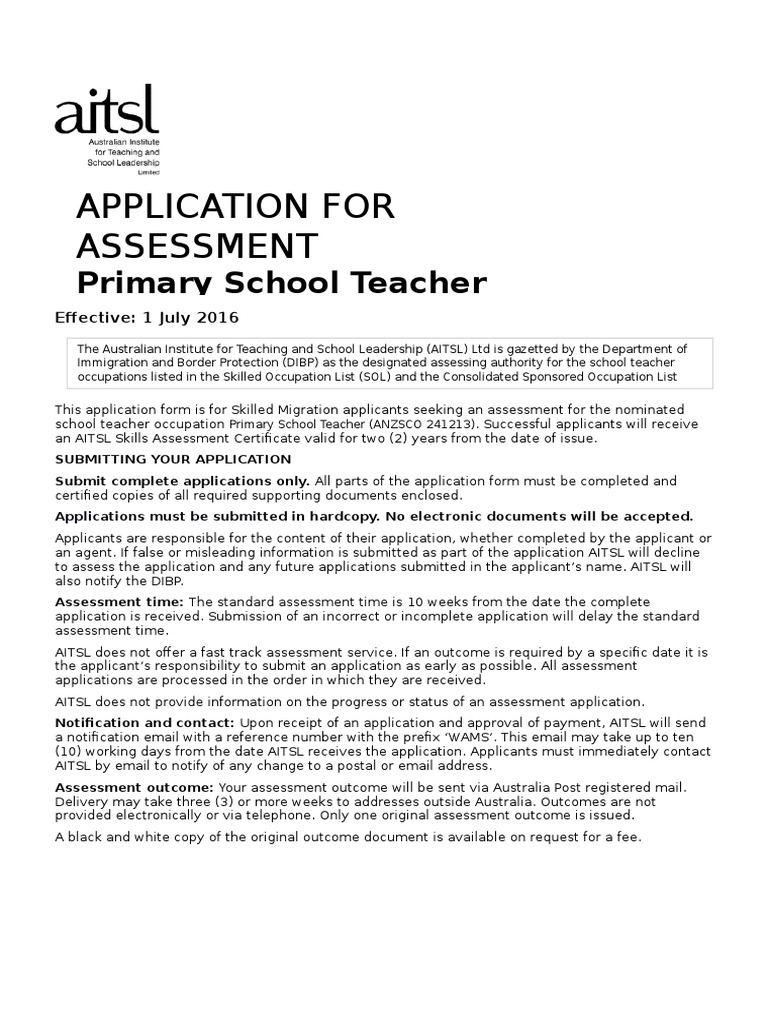Aitsl Primary School Teacher Application | PDF | International English ...