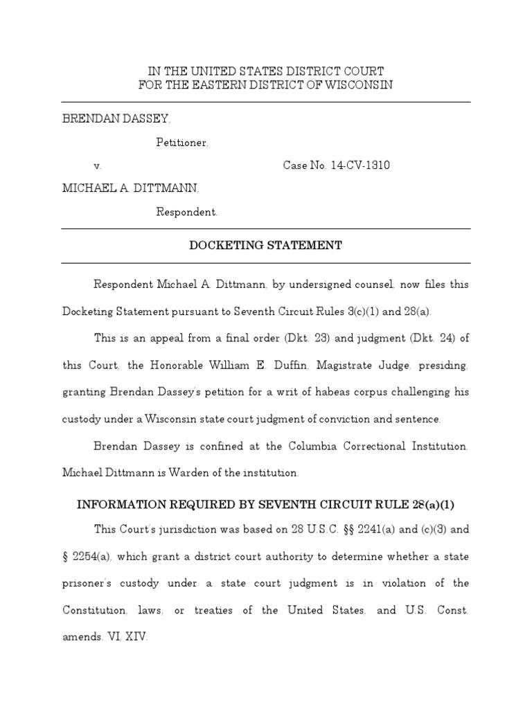 Docketing Statement Dassey | PDF