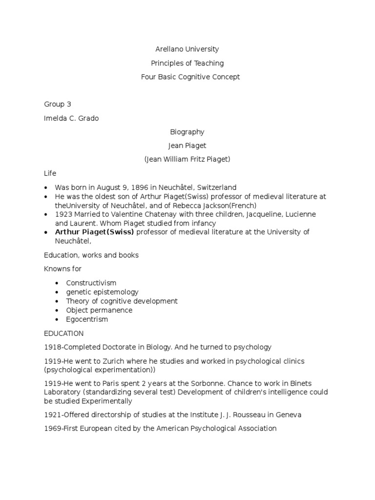 Jean Piaget Illustration of Cognitive Development | PDF