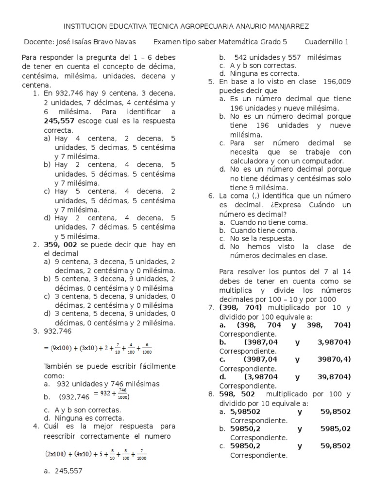 Examen 1 Matemática Grado 5 Cuadernillo 1 | PDF | Decimal | Multiplicación