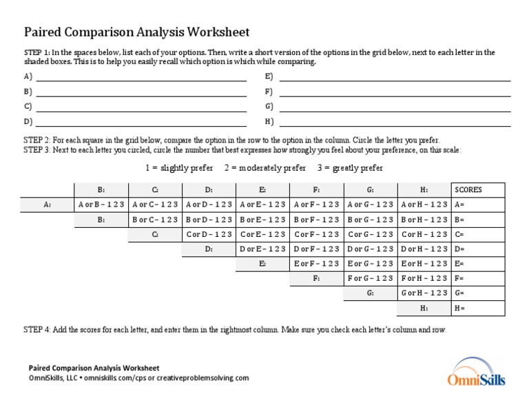 CPS Tools: Paired Comparison Worksheet | PDF | Teaching Mathematics