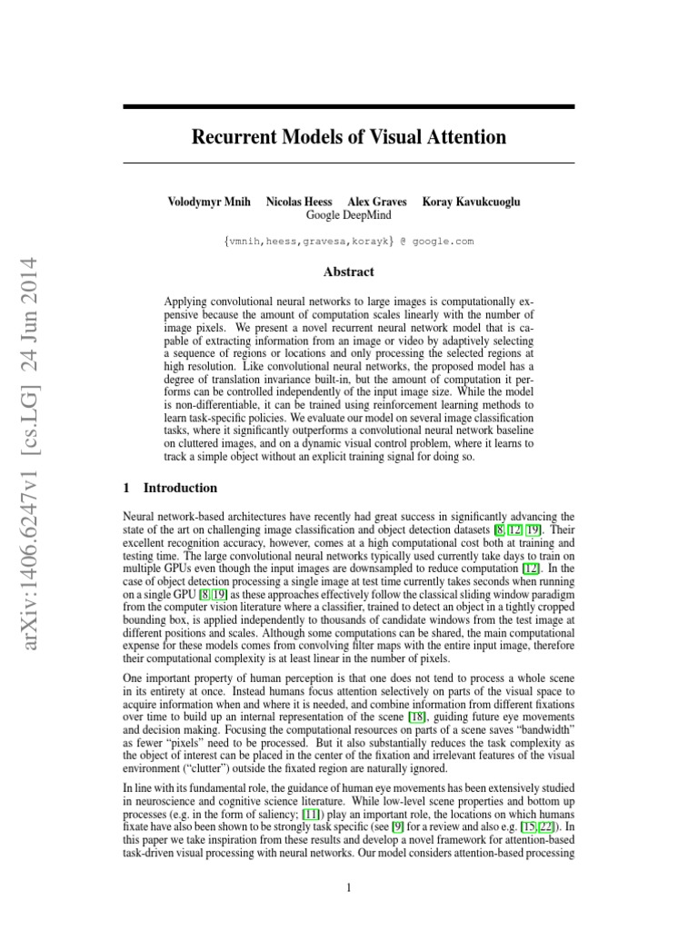 Recurrent Models of Visual Attention - Mnih Et Al (2014, Jun) | PDF | Artificial Neural Network ...