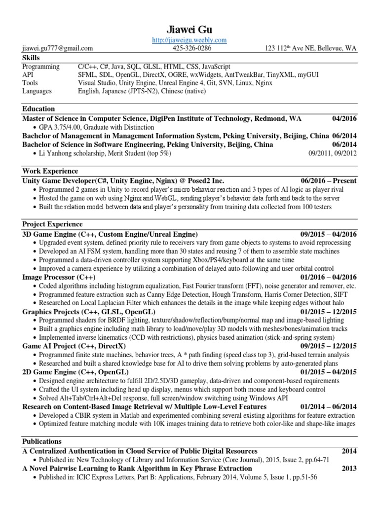 Resume Game Jiawei Gu | PDF | 3 D Computer Graphics | Unity (Game Engine)