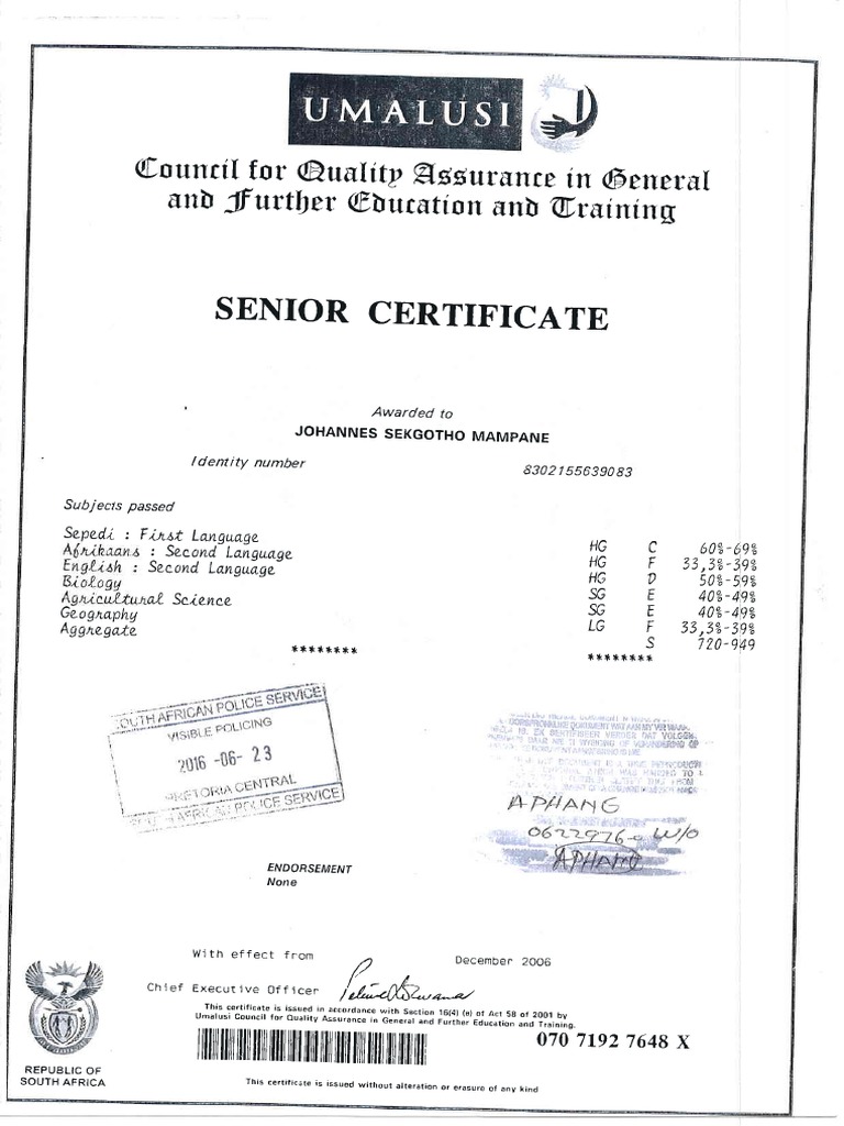Senior Certificate | PDF