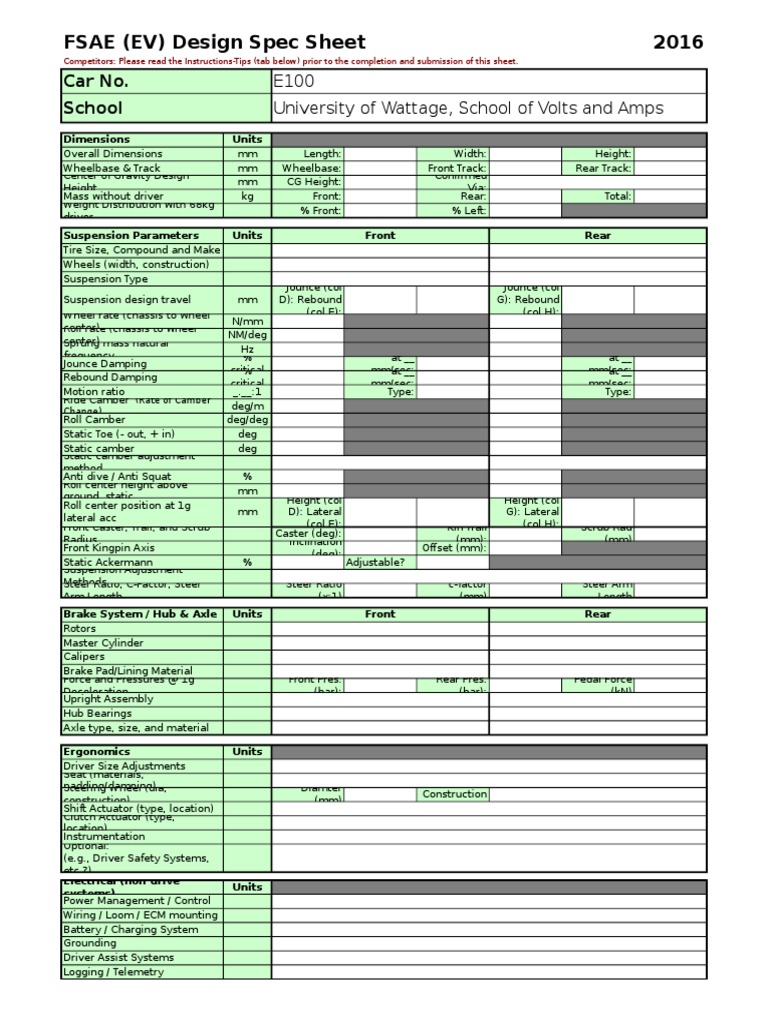 FSAE Electric Vehicle Spec Sheet | PDF | Suspension (Vehicle) | Engines