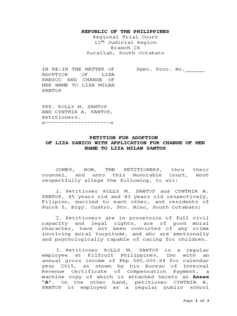 Petition For Adoption-Sample | Common Law | Public Law