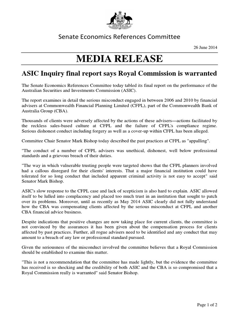 ASIC Royal Commission Media26062014 | PDF | Business | Economies