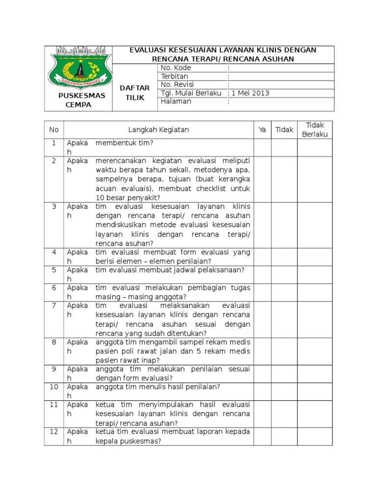 Daftar Tilik Evaluasi Kesesuaian Layanan Klinis | PDF