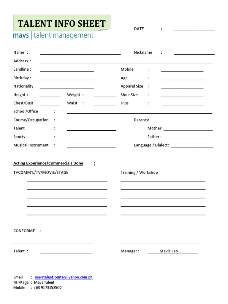 PDF Form - Talent Info Sheet 2016 | PDF