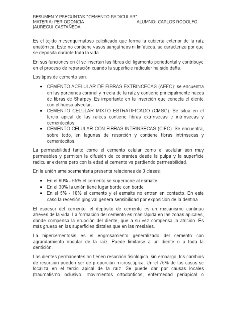 RESUMEN Y PREGUNTAS CEMENTO RADICULAR Periodoncia | PDF | Esmalte de ...
