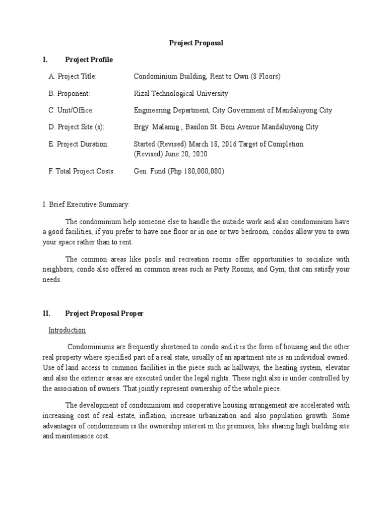 Project Proposal I. Project Profile | PDF | Condominium | Real Estate Law
