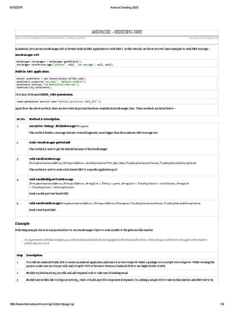 Android Sending Sms Pdf Short Message Service Java Programming Language