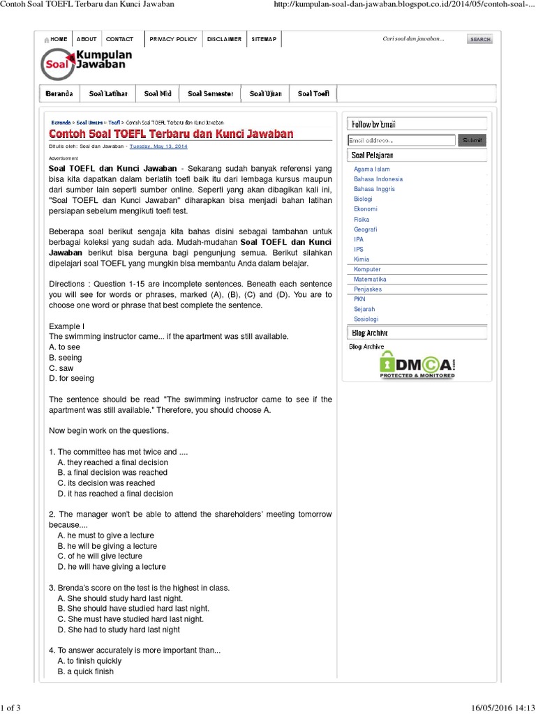 Contoh Soal TOEFL Terbaru Dan Kunci Jawaban | PDF | Languages ...