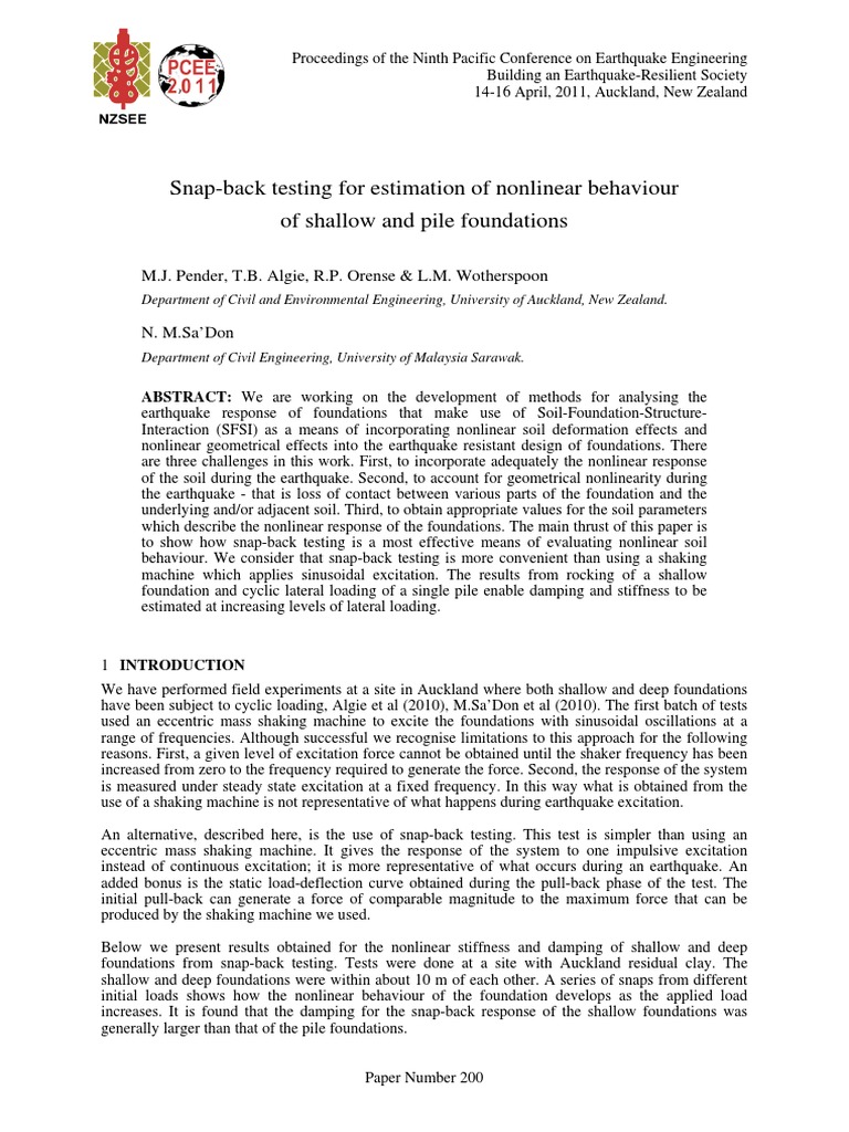 Snap-Back Testing For Estimation of Nonlinear Behaviour of Shallow and ...