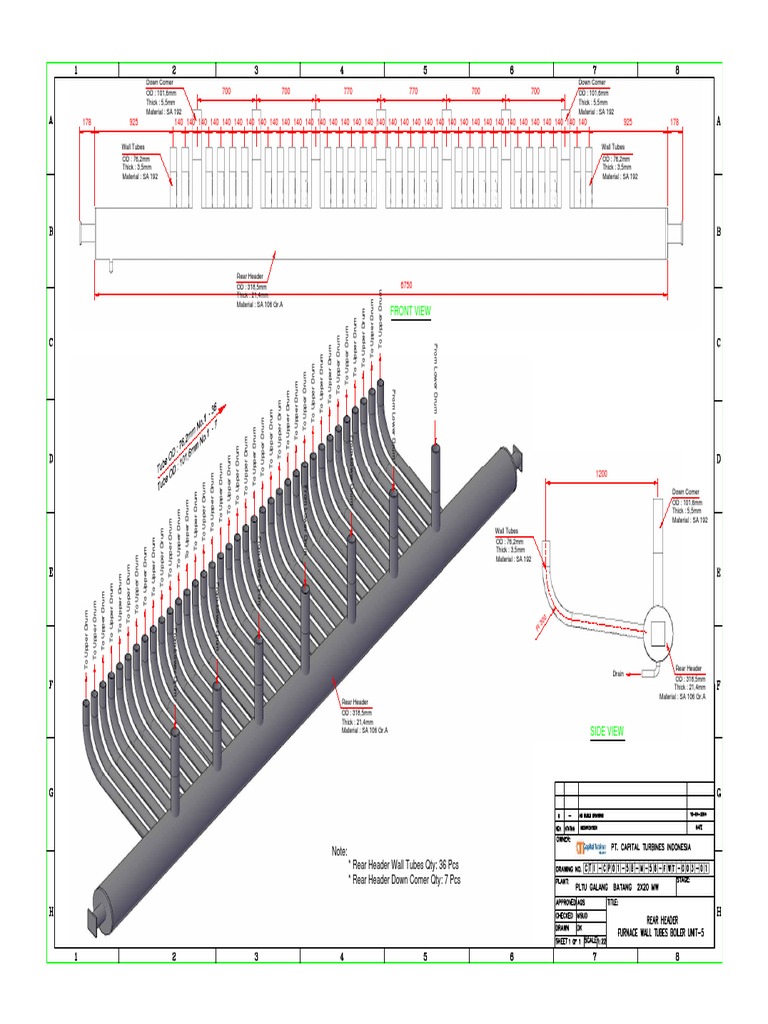 Front View: Rear Header Wall Tubes Qty: 36 Pcs Rear Header Down Comer ...