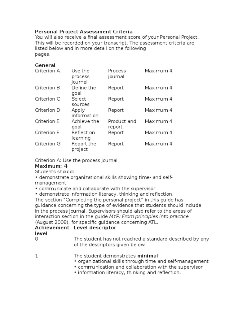 Personal Project Rubric | PDF | Information Literacy | Evaluation