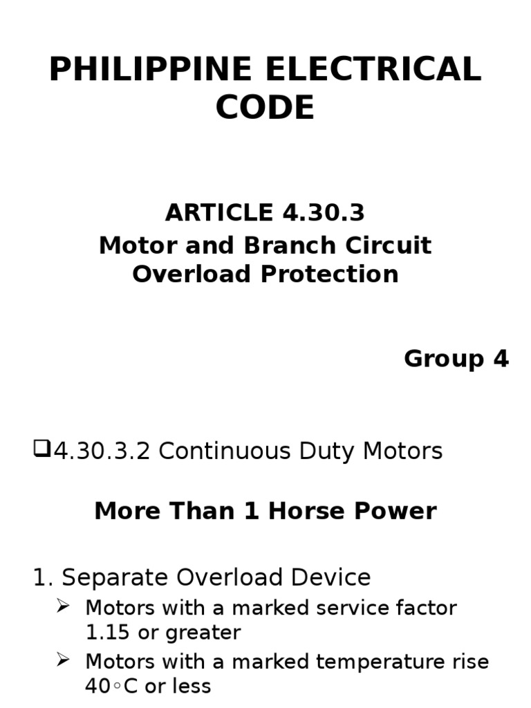 Philippine Electrical Code: ARTICLE 4.30.3 Motor and Branch Circuit ...