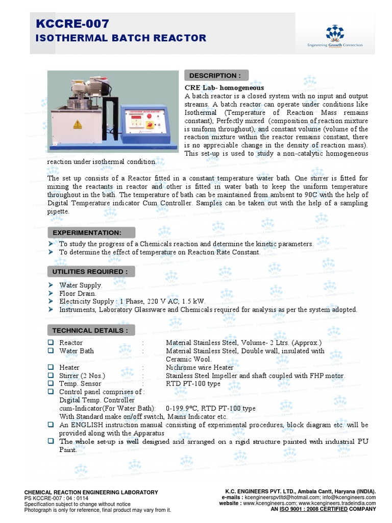 KCCRE-007: Isothermal Batch Reactor | PDF