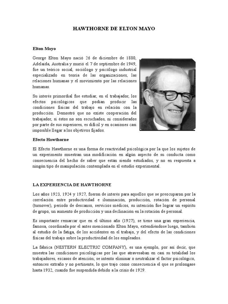 Hawthorne de Elton Mayo | PDF | Conceptos psicologicos | Ciencia cognitiva