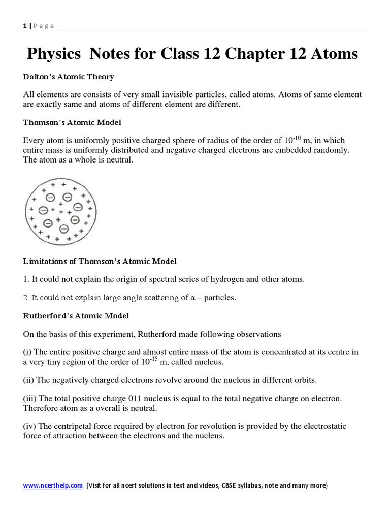 Physics Formulas and Notes For Class 12 Chapter CHAPTER 12 Atoms Cbse ...