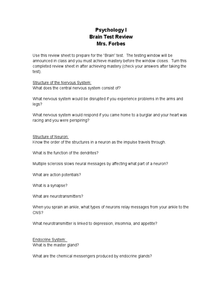 Brain Test Review for Psychology I | PDF