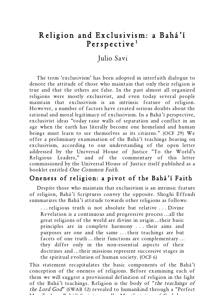 Religion and Exclusivism, A Bahá'í Perspective | PDF | Bahá'í Faith | God