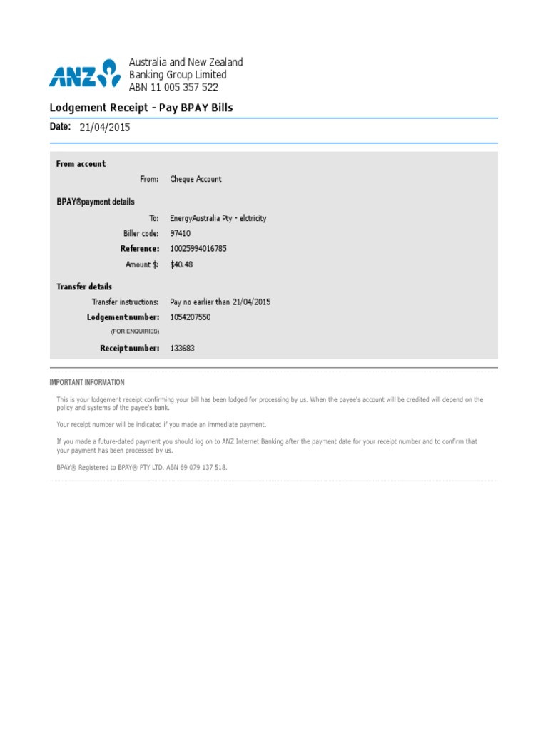 Lodgement Receipt - Pay BPAY Bills: Australia and New Zealand Banking ...